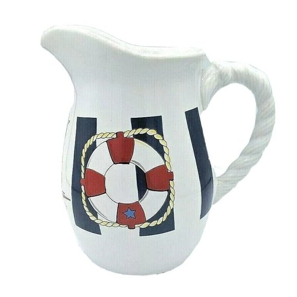 Papel | Kitchen | Pitcher 28oz White W Blue Stripes Nautical Sail Boat ...